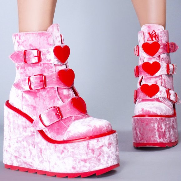 YRU | Shoes | Dune Lo Heart Velvet Platform Boots In Pink Red | Poshmark